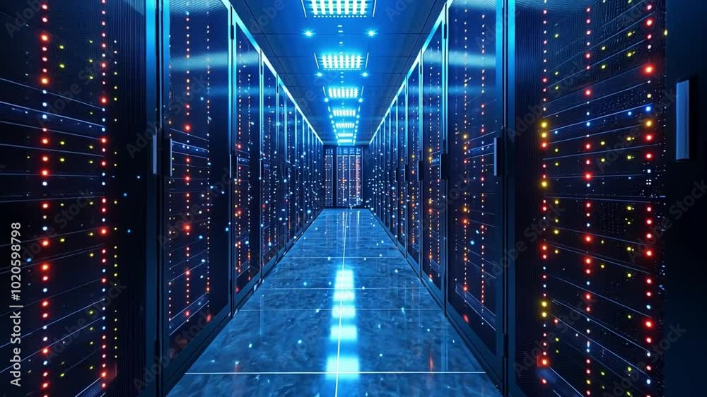 A long corridor in a contemporary data center features rows of servers ...