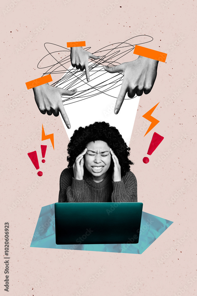 Vertical photo collage of sad american girl workload pressure boss ...