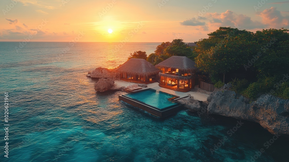 Coastal luxury villa with private infinity pool, sunset glow, tropical ...