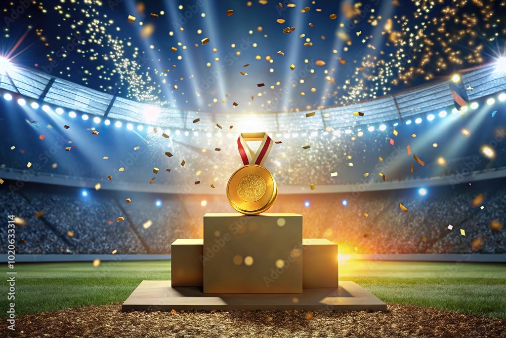 Forced perspective of podium with Olympic gold medal and confetti in ...