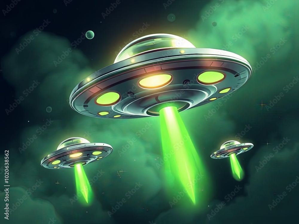 A fleet of UFOs hovering in the dark sky, emitting bright green beams ...