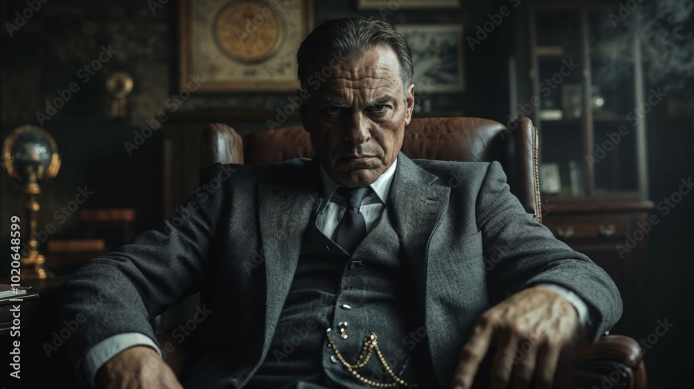 Imperious mature man in stylish expensive clothes and glasses sits in ...