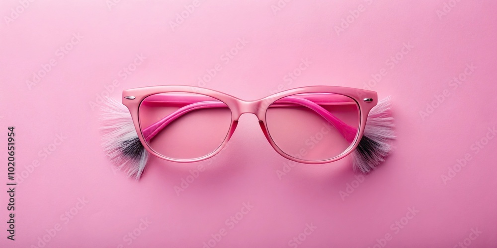 Forced perspective pink eyeglasses and false eyelashes on soft pink ...