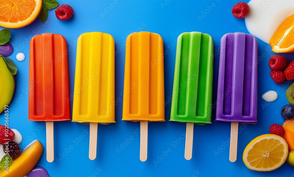 Three different colored popsicles are on a table with fruit. One is ...