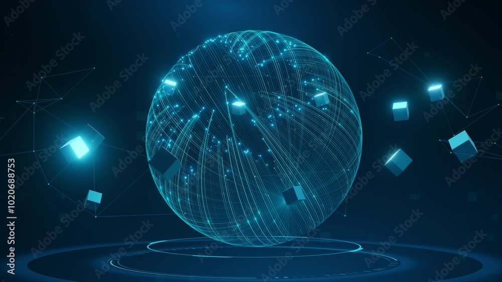 A blue sphere with many cubes surrounding it. The sphere is surrounded ...