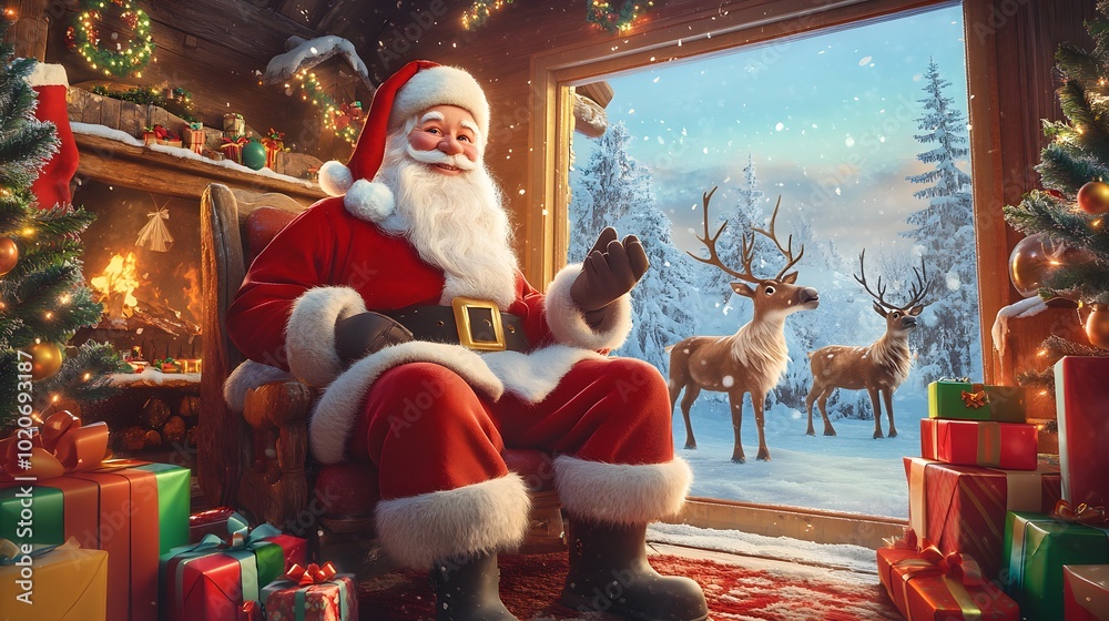 Santa Claus inside his warm North Pole house, surrounded by friendly ...