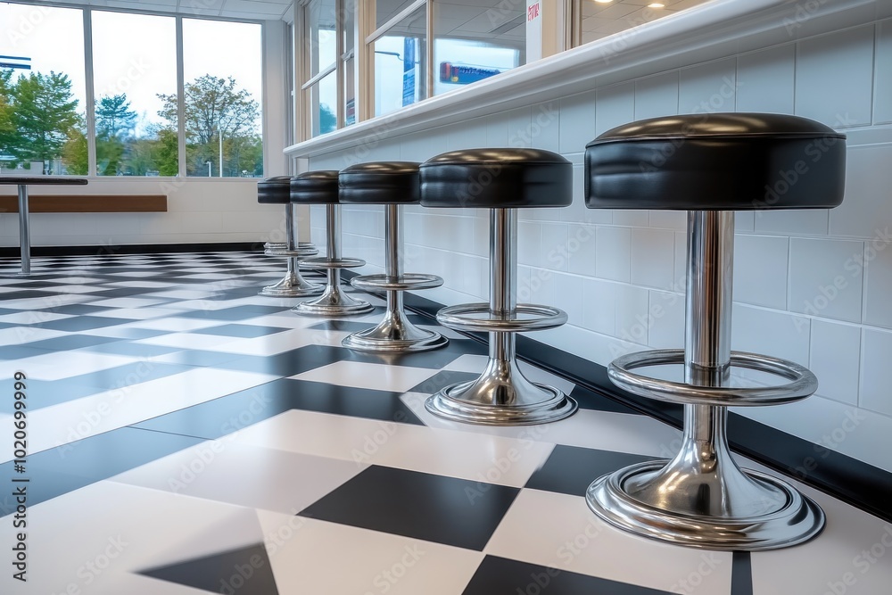 Classic Diner Interior with Black and White Checkerboard Floor, Retro ...