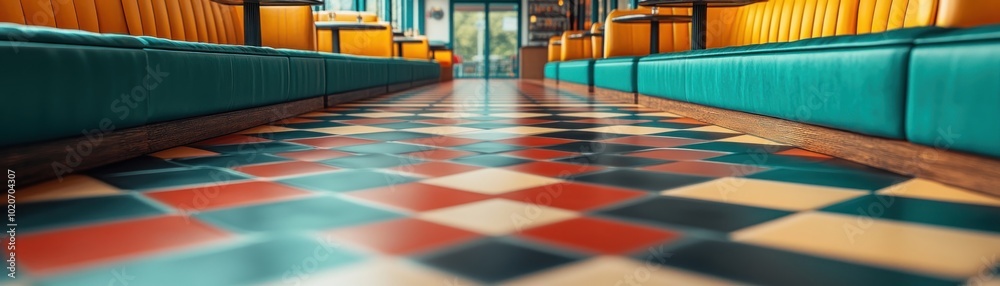 Vintage Diner Interior with Checkerboard Floor, 1950s Nostalgia, Retro ...