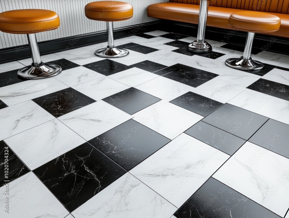 Vintage 1950s Diner Checkerboard Floor, Black and White Tile with Worn ...