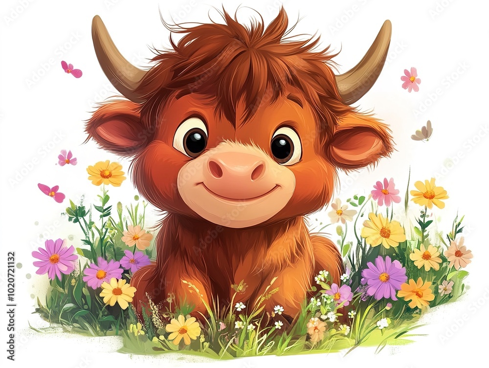 Cute cartoon baby Highland cow with a joyful expression, surrounded by ...