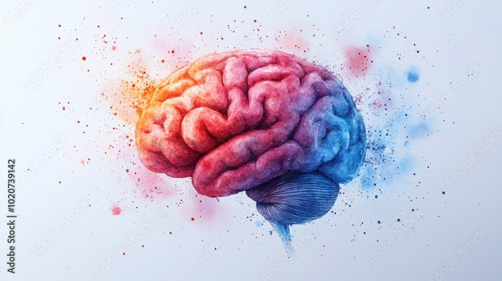 Watercolor brain illustration in vibrant blue and orange colors ...