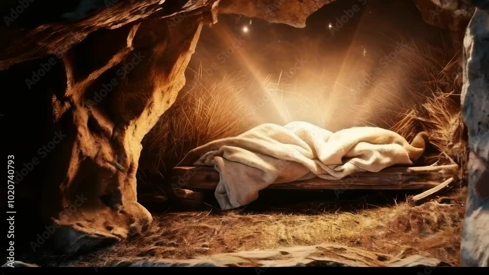 Christian Christmas scene with empty wooden manger, star of Bethlehem ...