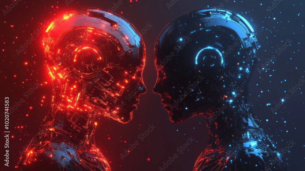 Red and blue illuminated futuristic robot faces staring at each other, AI, technology innovation ...