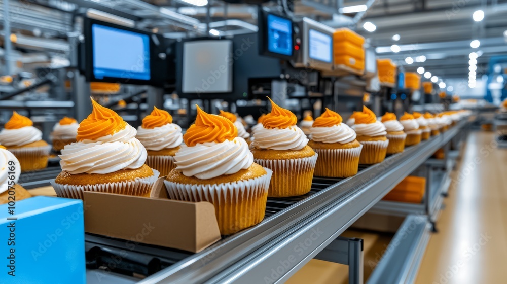 Assembly line of freshly baked cupcakes in a modern production facility ...