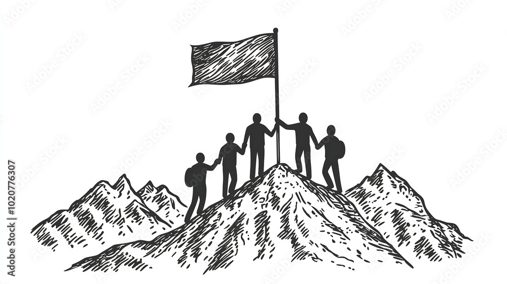 hand drawn illustration of a team of four people standing on the summit ...