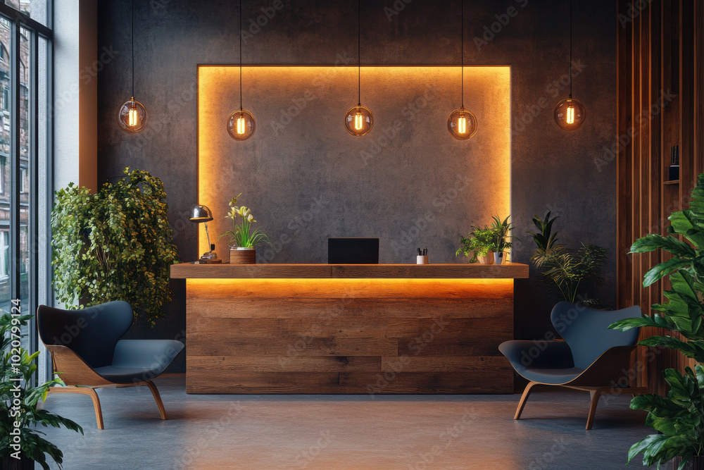 inviting lobby design, a welcoming lobby with a rustic reception desk ...