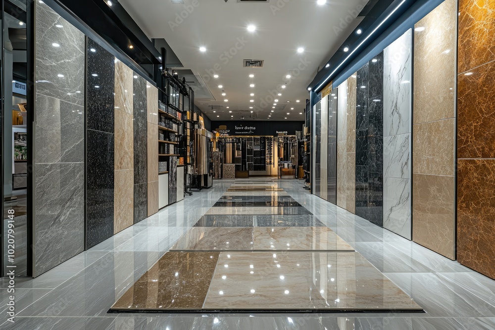 Ceramic tile display showroom interior. Showcase various types of tiles ...