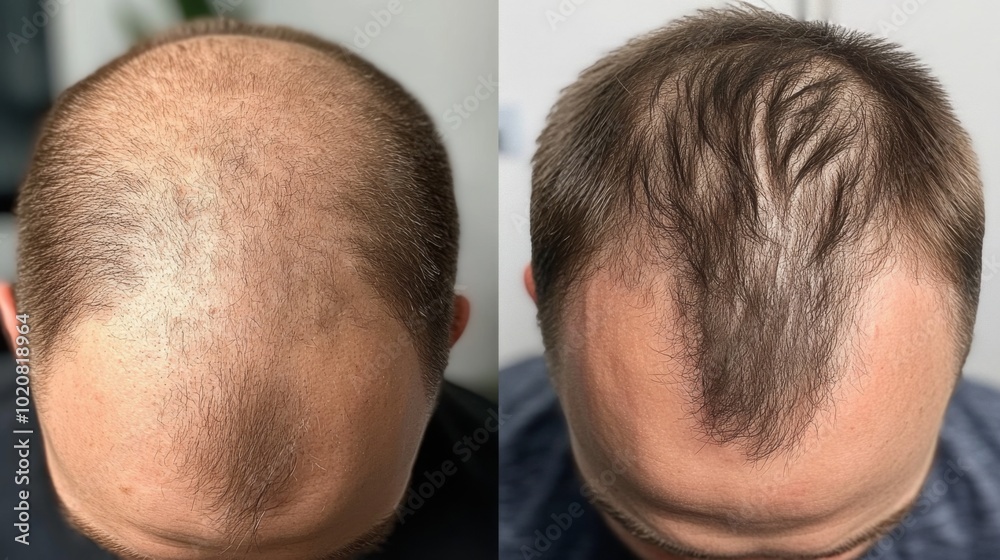 A side-by-side comparison shows a bald head on the left and a fuller ...