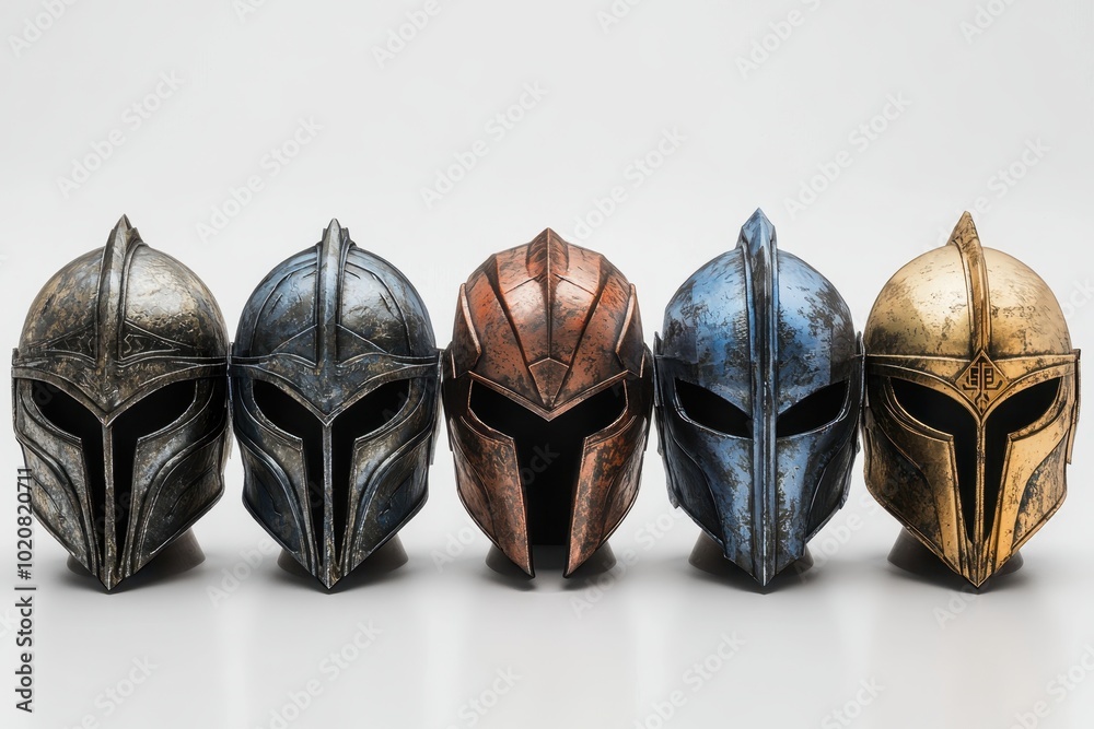 Five distinct decorative helmets showcase an array of colors and ...