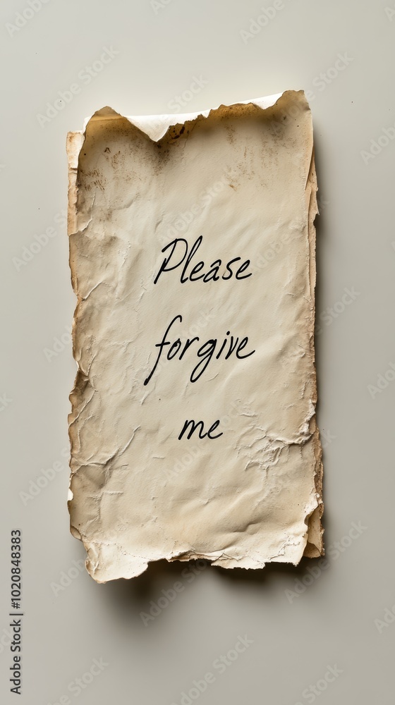 Tattered note saying 'Please forgive me' on aged paper. Stock ...
