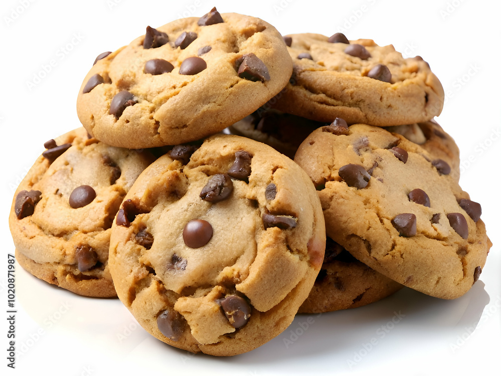 Appetizing chocolate chip cookies displayed on a white background ...
