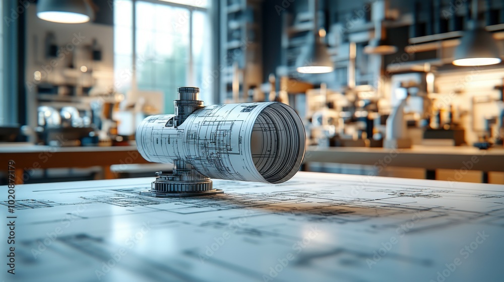 A cute, 3D visualization of technical schematics with soft lighting and ...