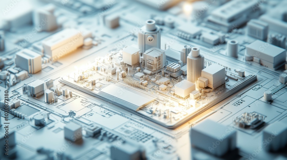 A cute, 3D visualization of technical schematics with soft lighting and ...