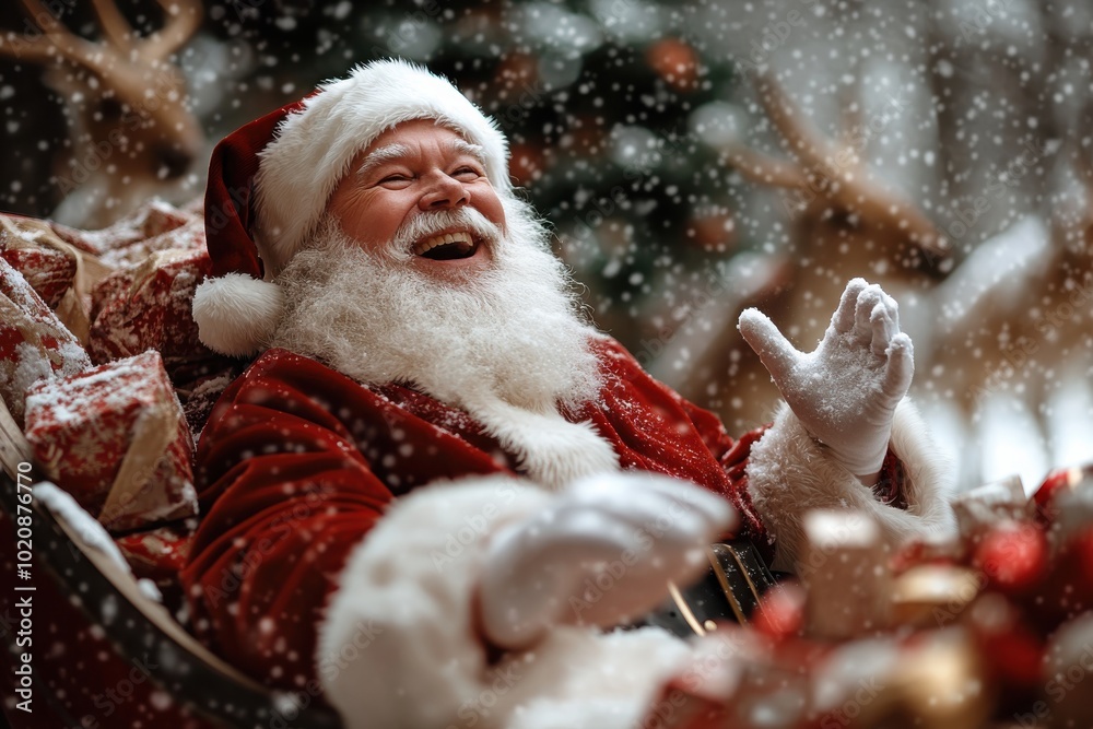 Santa, bundled in a red suit with white trim, rides a festive sleigh ...