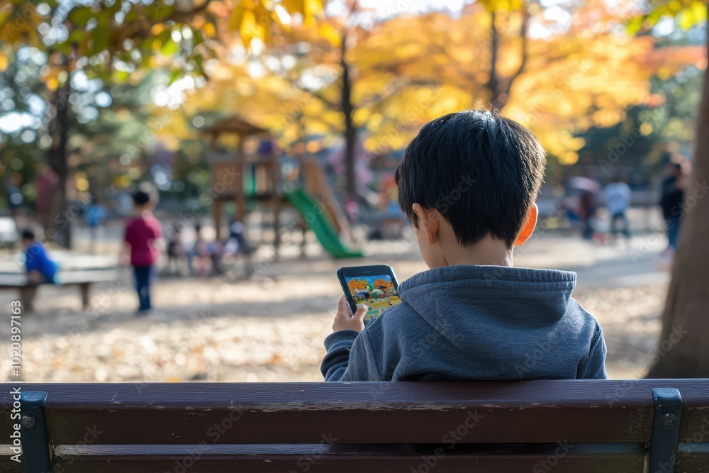 Child in a park, hunched over a mobile device, ignoring the vibrant ...