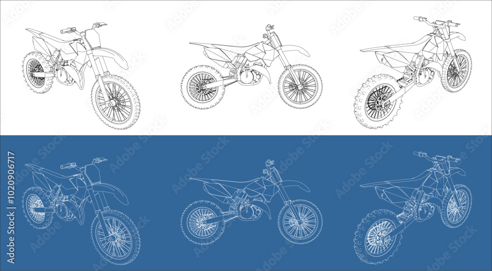 trail motorcycle line art draw blueprint wireframe from all view top ...