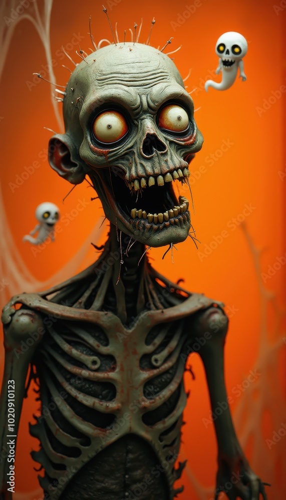 Goofy zombie body with missing tooth and crossed eyes on deep orange ...