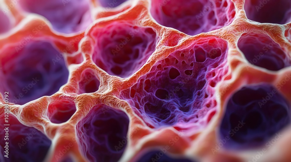 Abstract depiction of biological cells, featuring intricate textures ...