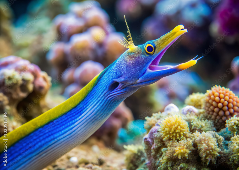 Vibrant ribbon eel with striking blue coloration and yellow accents ...