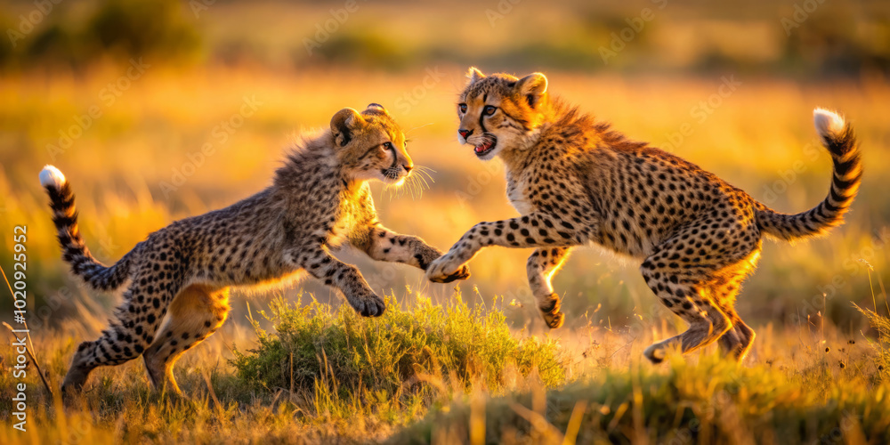 Playful cheetah cubs chase each other in sunlit savanna, showcasing ...