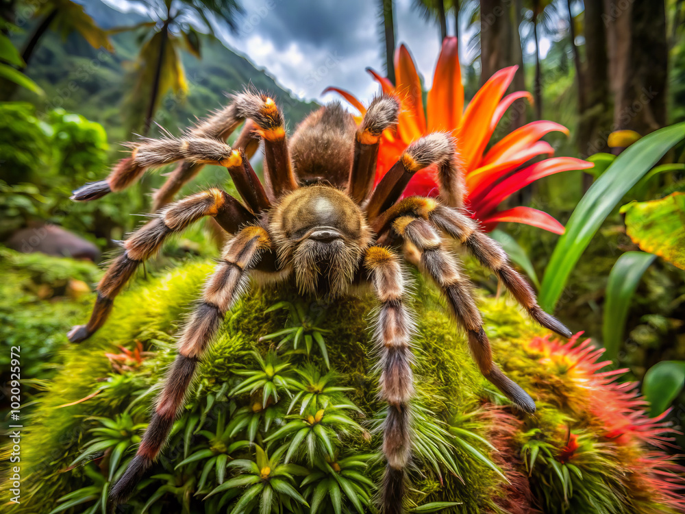 Goliath bird eating spider perched on vibrant bromeliad foliage in lush ...