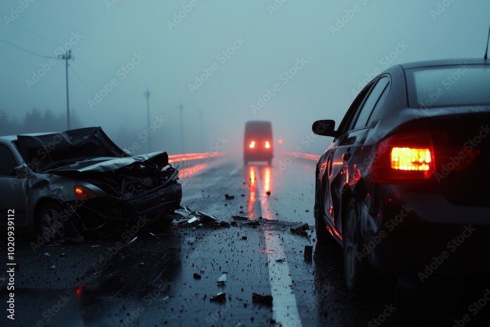 Car accident on a foggy highway with two damaged vehicles, emergency ...