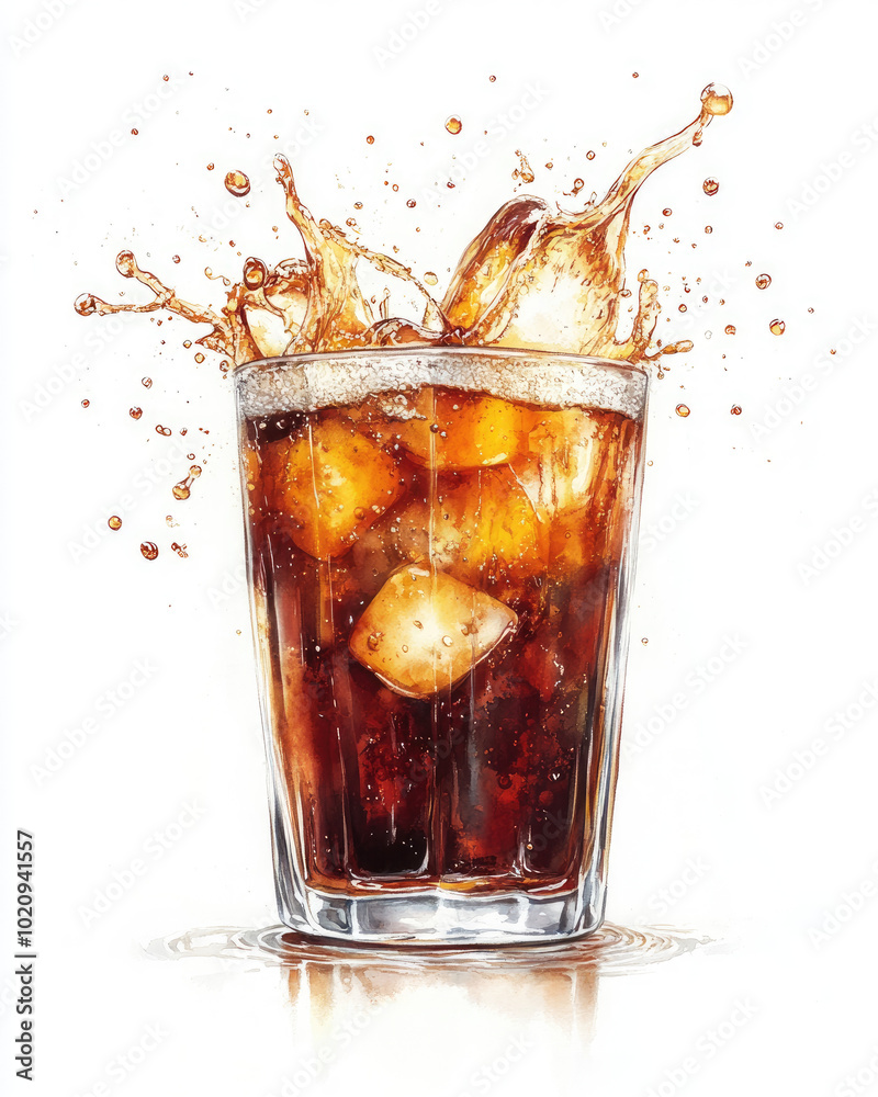 Refreshing glass of cola with ice cubes, capturing the splash effect, perfect for summer ...