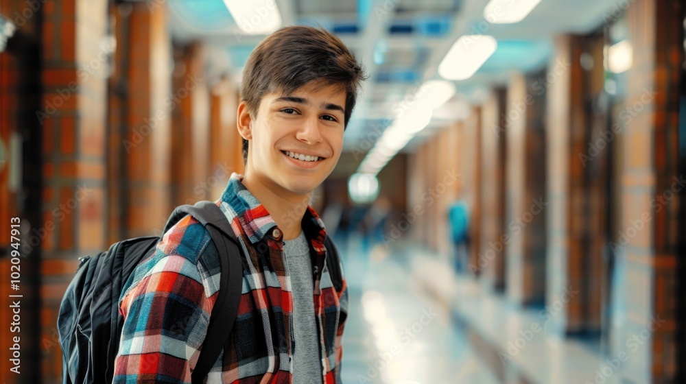 Portrait of handsome young university student standing and leaning to a ...