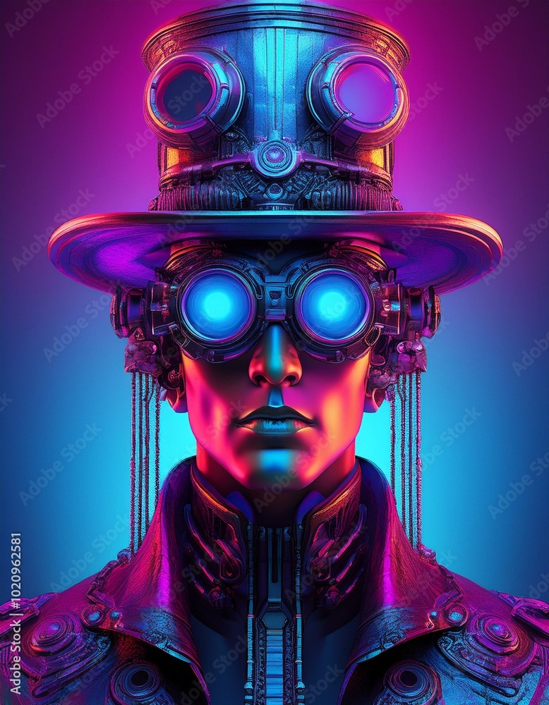 Cyberpunk cross with huge glasses and futuristic steampunk hat in sci ...