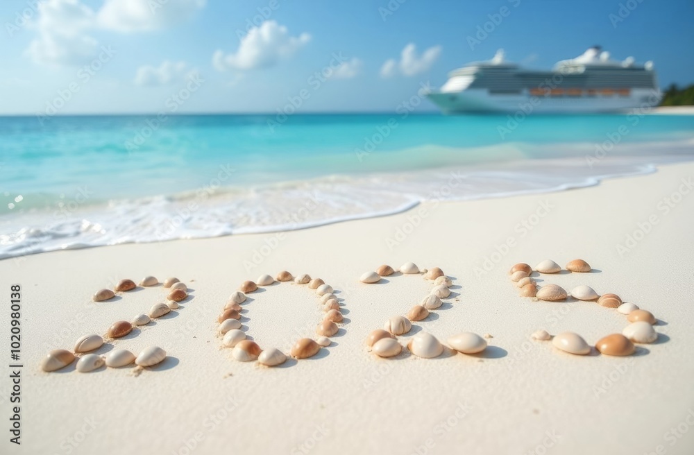 Number 2025 made of shells on a white sandy beach with turquoise sea ...