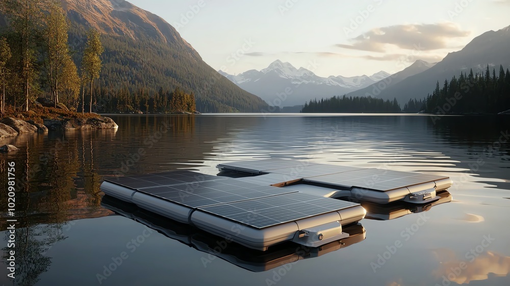 Floating solar panels on a calm lake, innovative renewable energy, 3D illustration Stock Photo ...