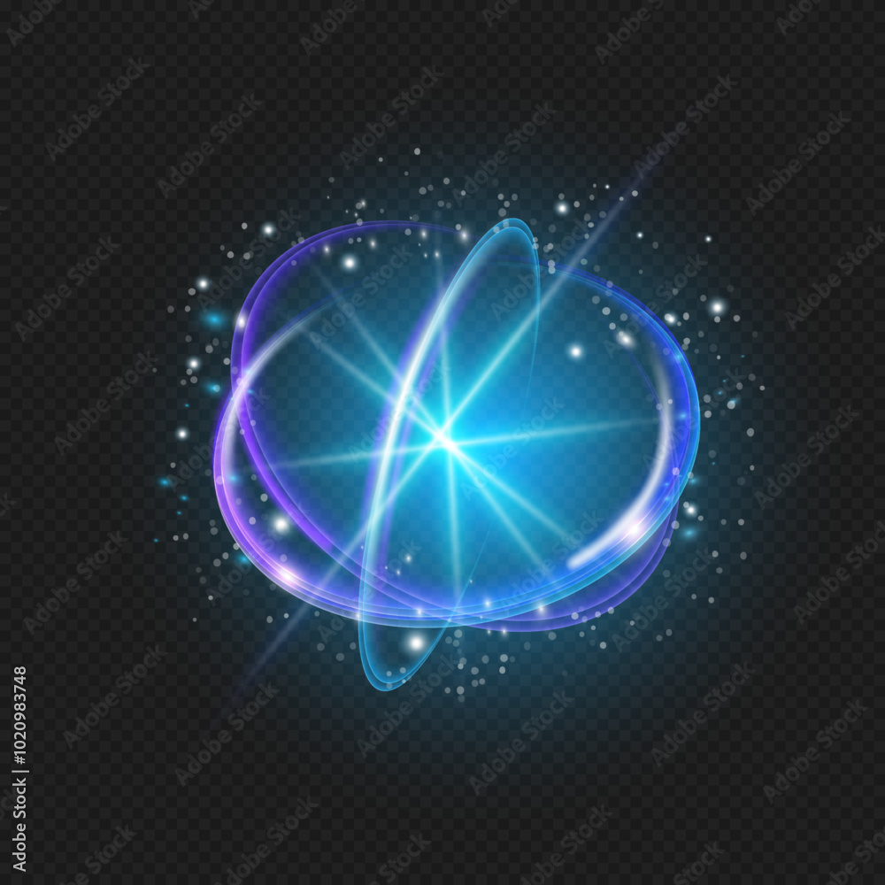 Dynamic atom light with neon pieces. Vector shining rings as symbol of ...