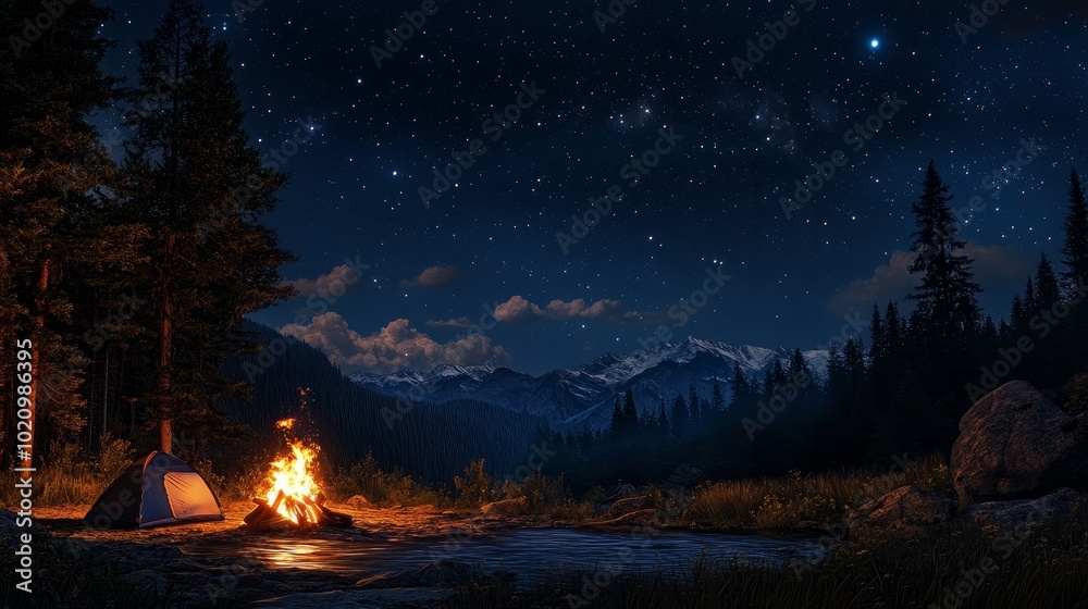 Summertime wilderness exploration. A cozy and bright campfire at sunset ...
