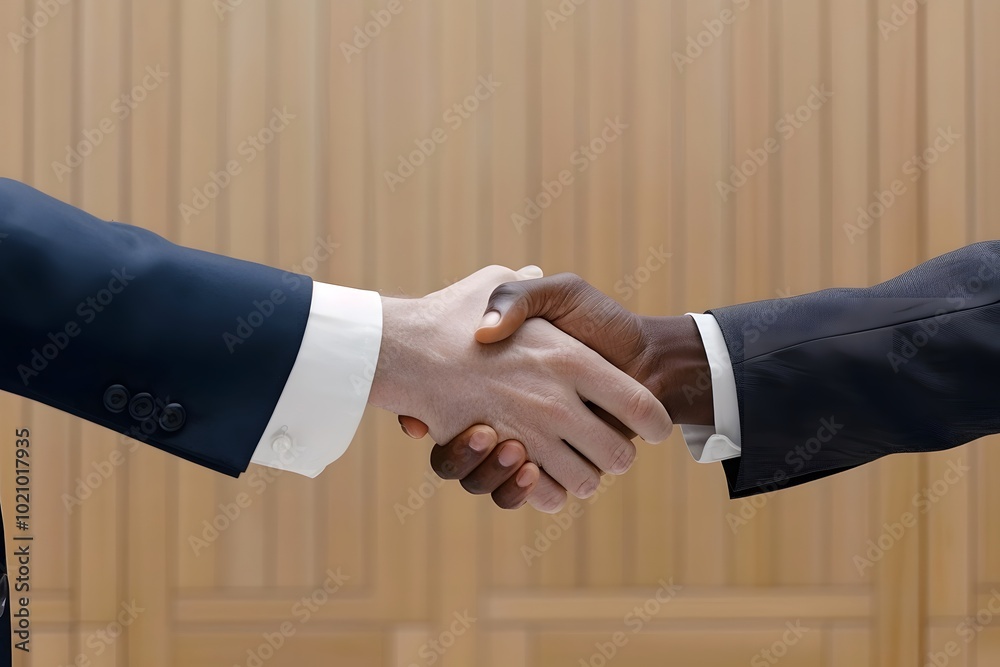 Two businessmen shaking hands, a white male and a black male, in front ...