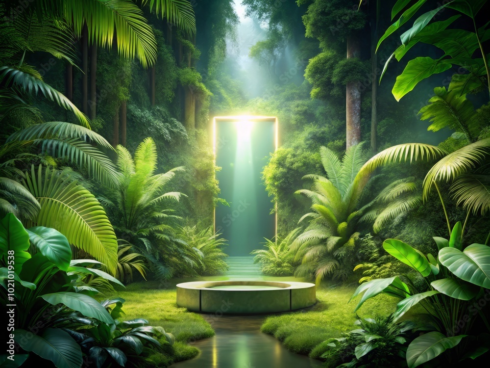 Amidst a verdant rainforest, a radiant portal shimmers, illuminating ...