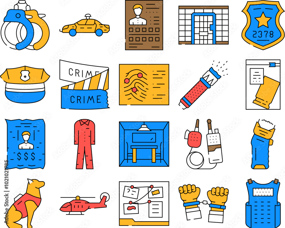 crime scene police criminal icons set vector. evidence murder, detective tape, law information ...