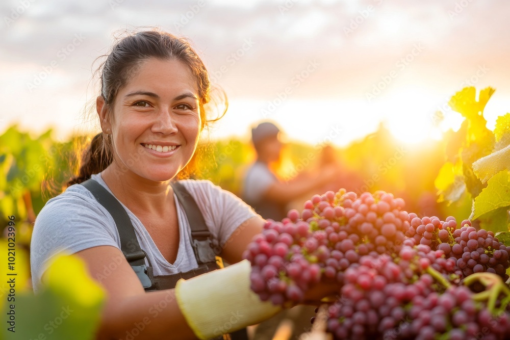 Harvest Sunset Smile: A happy female vineyard worker beams with pride ...