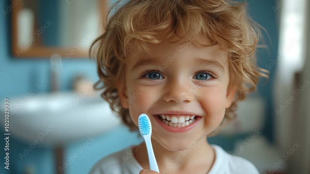 Cute little boy brushing teeth in bathroom at home, closeup Stock Photo ...