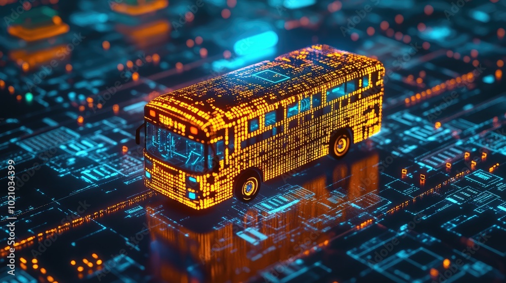 A 3D digital school bus surrounded by binary code, illustrating AI integration into student ...