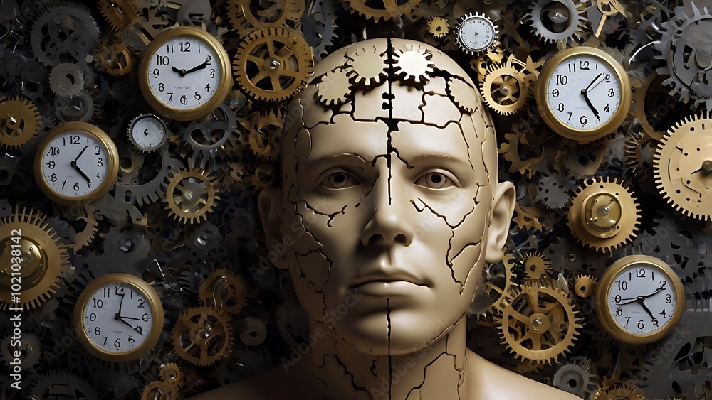 A human head surrounded by floating clocks and gears, representing ...